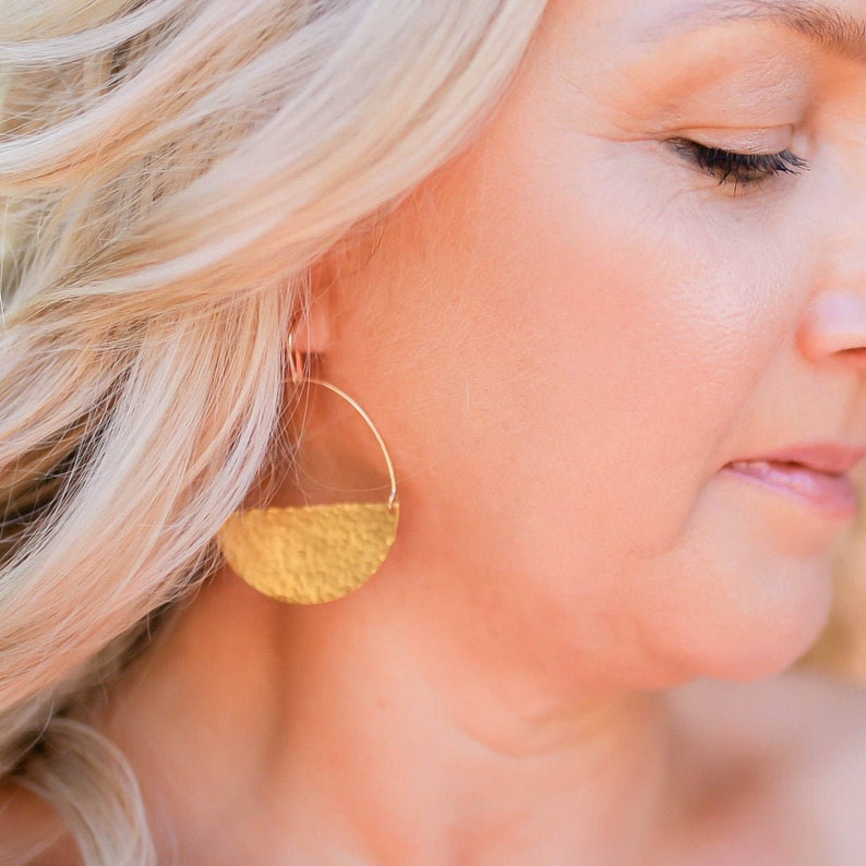 Half Circle - Half Moon Earrings - Gold Large Hammered Hoop Earrings ...