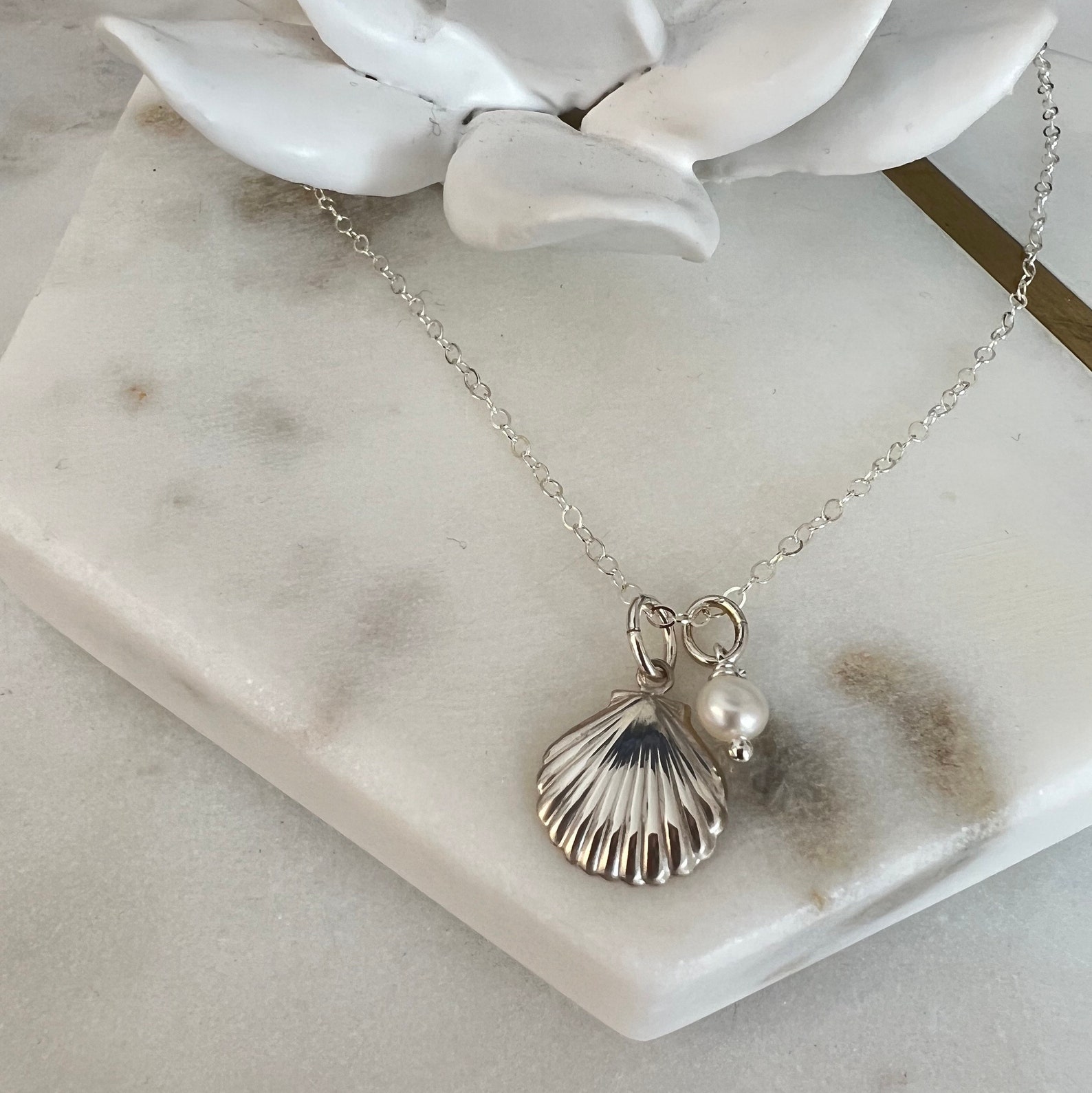 Pearl and Shell Necklace • 14k Gold Filled Necklace • Sterling Silver ...