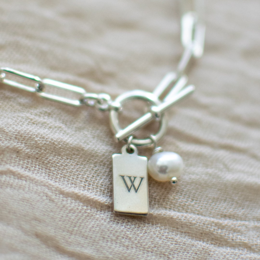 Personalized Sterling Silver Mini Tag and Pearl Bracelet - Etsy