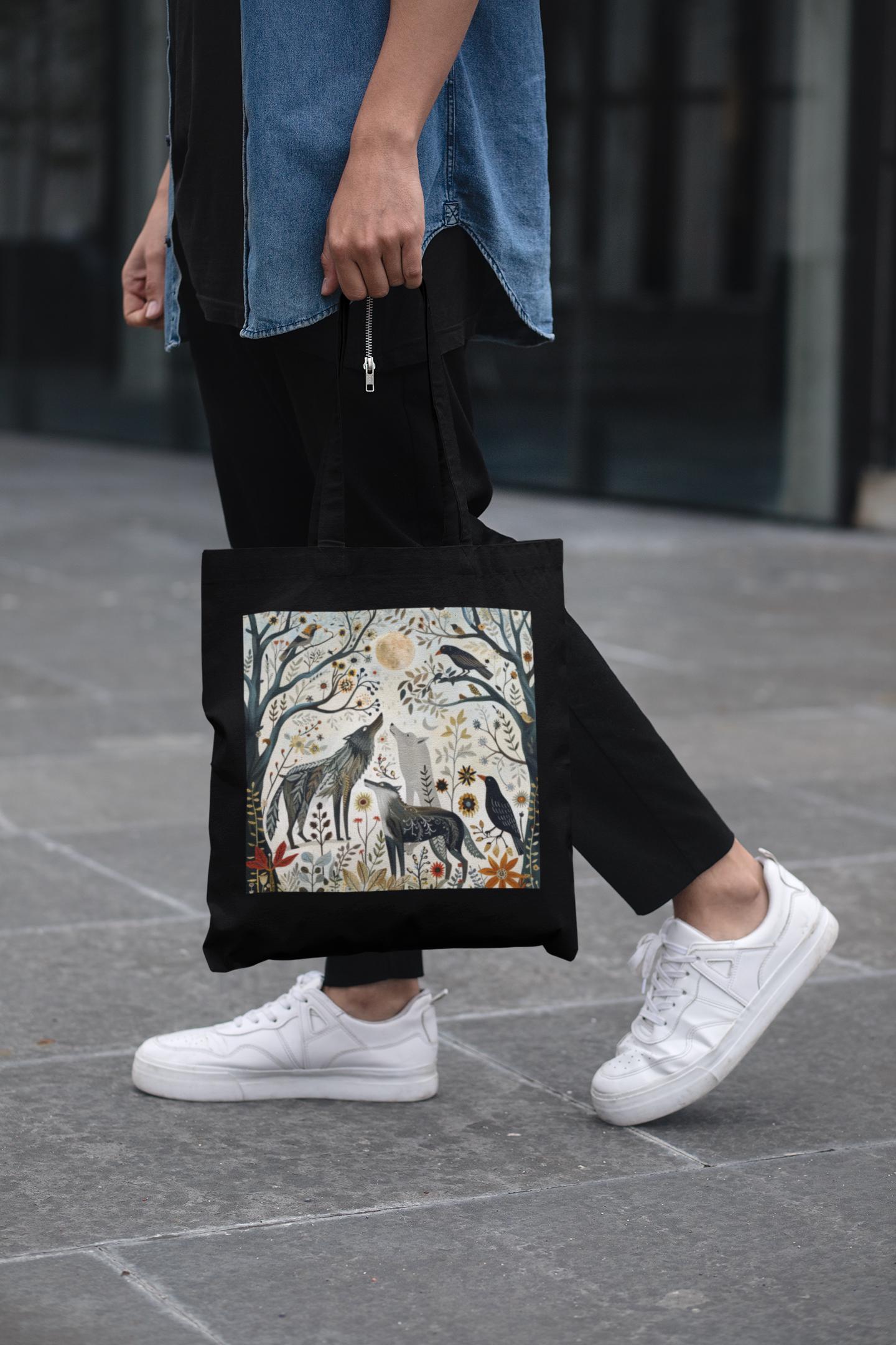 Retro Wolves Howling at the Moon Cotton Canvas Tote Bag. Cottagecore ...