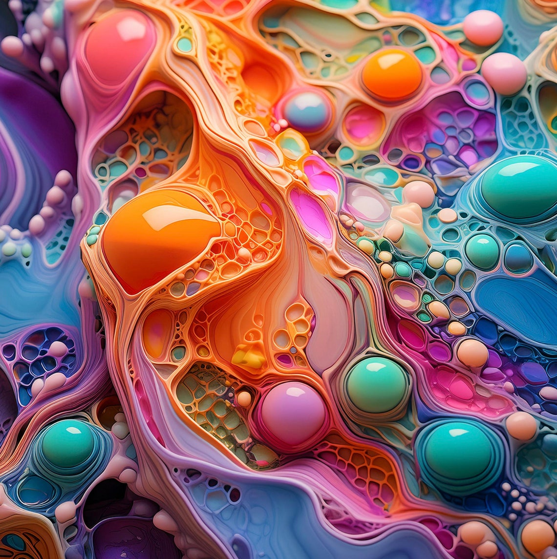 Neon Bubbles FLUID Art Digital Art Print, Wall Art, AI Generated, AI ...