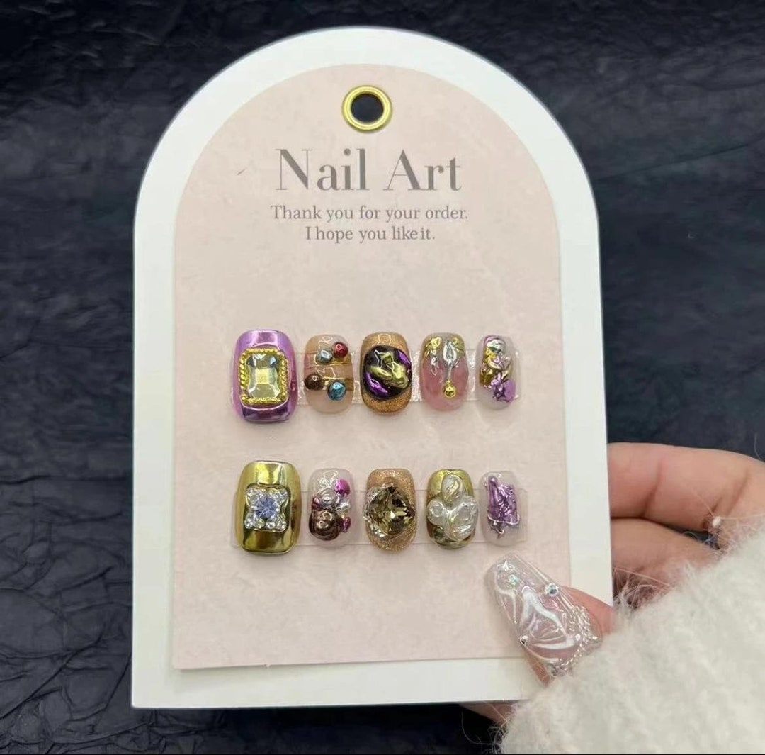 Handmade | Chrome Press on Nails | Luxury Short Square Nail Set | Glue ...