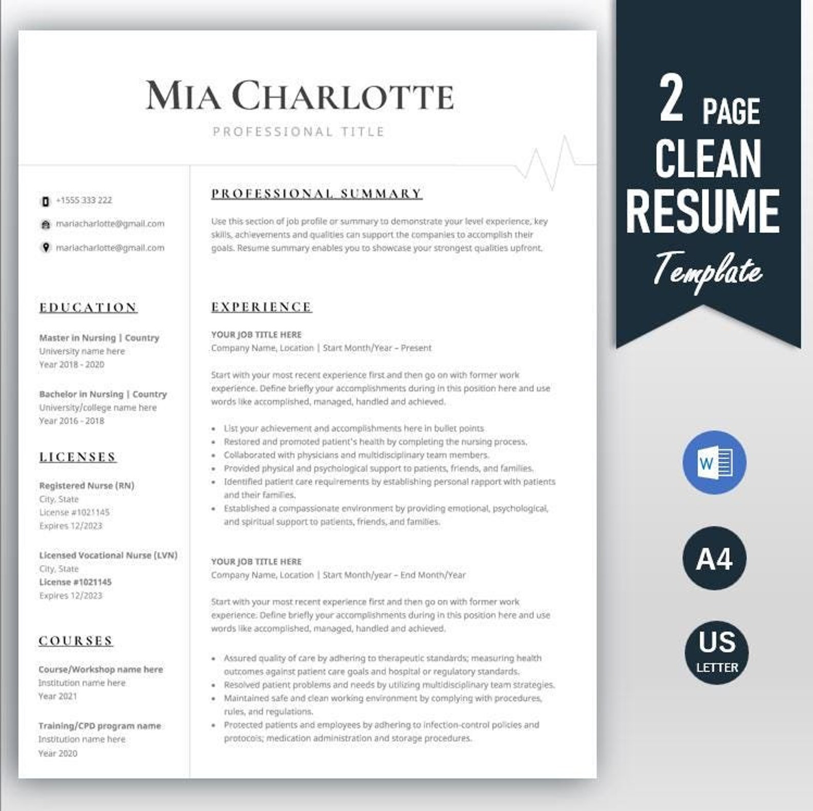 Sleek Resume Template 141, Modern Resume Template Word, ATS Friendly ...