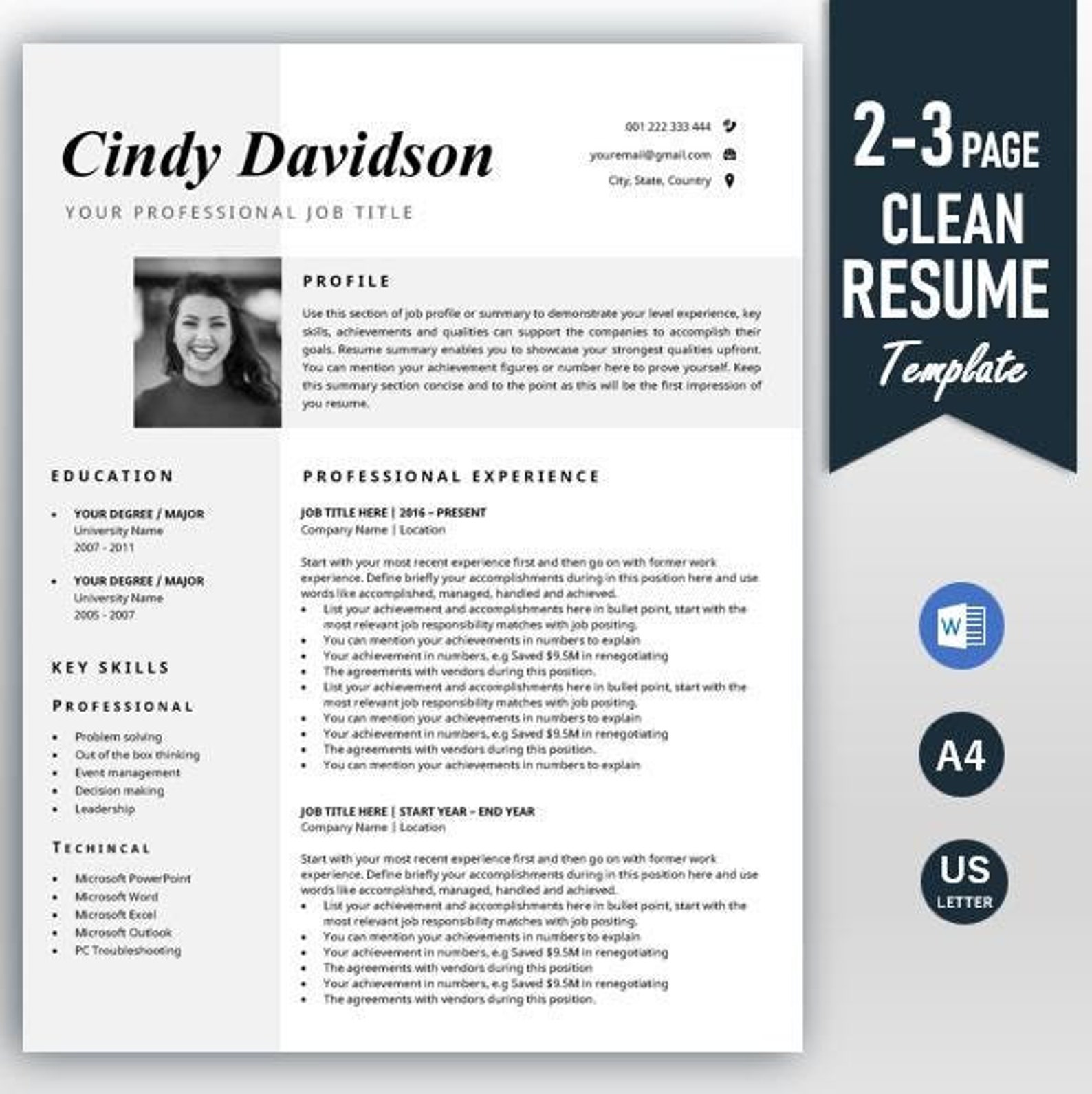 3 Page Resume Template 174, Modern Resume Template Word, Professional ...