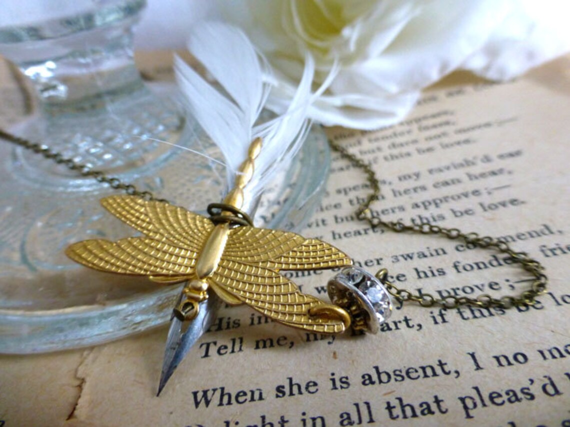 Steampunk Flying Feather Pen Writer's Necklace Dragonfly Vintage ...