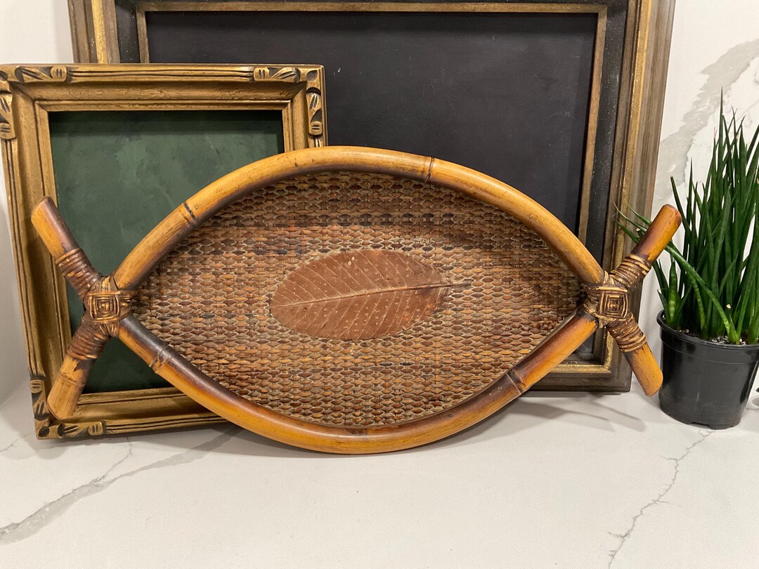 Vintage Burnt Tortoise Bamboo Rattan Wicker Bent Wood Tray | Hand ...