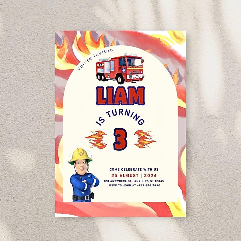 Fireman Sam Birthday Invitation Party Personalised/editable Digital ...
