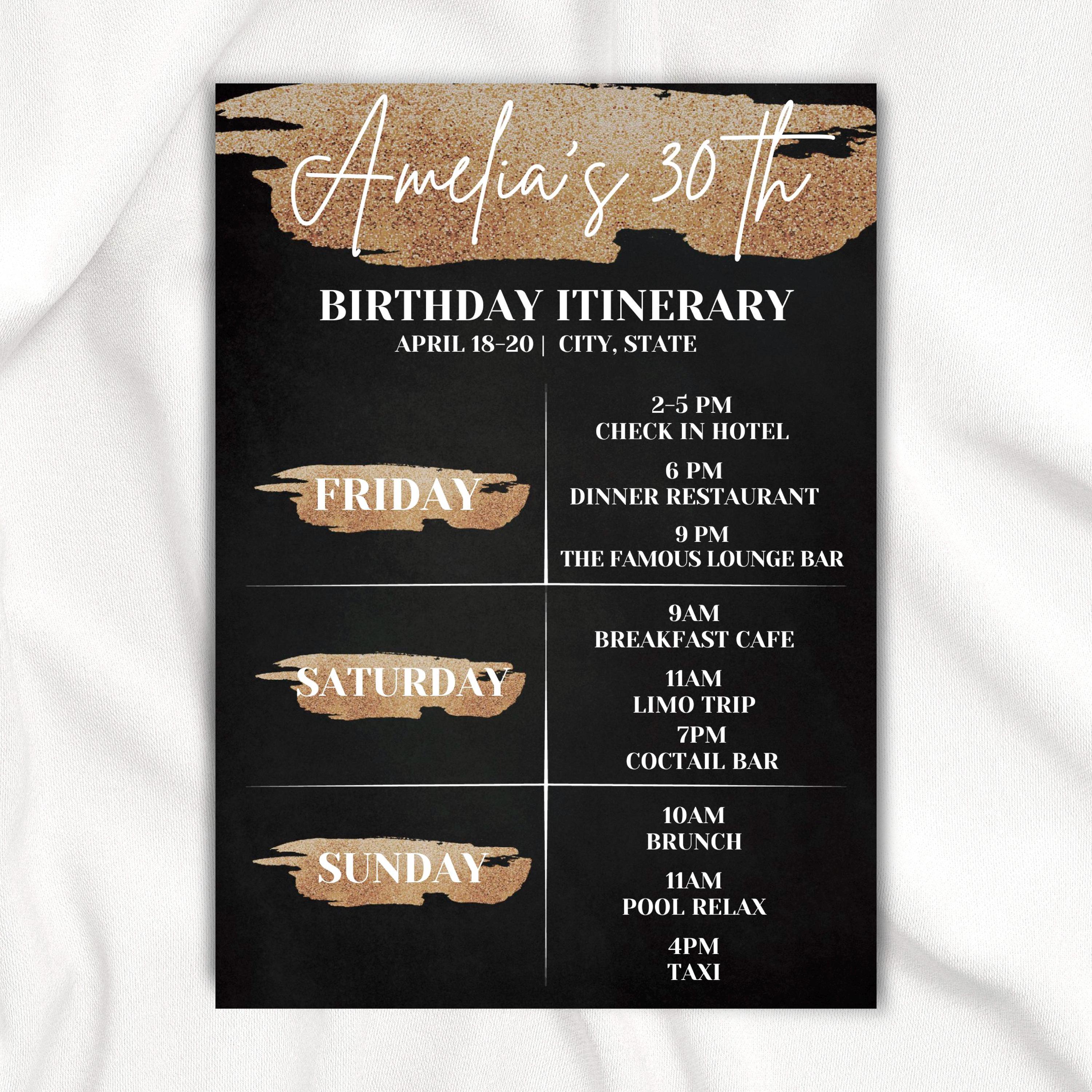 Editable Birthday Weekend Itinerary Template: Black and Gold (digital ...