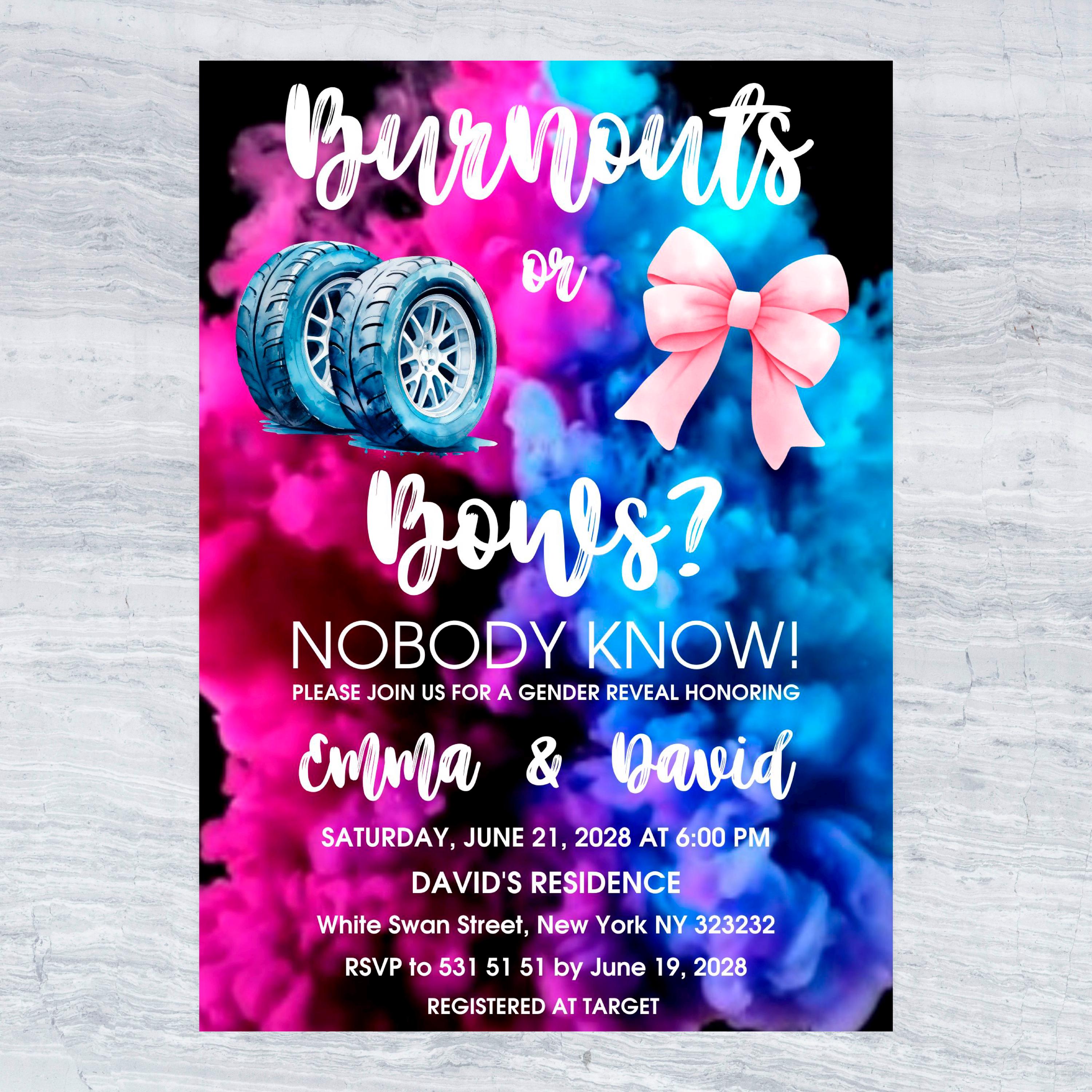 Burnouts or Bows Gender Reveal Invitation (digital Download) - Etsy