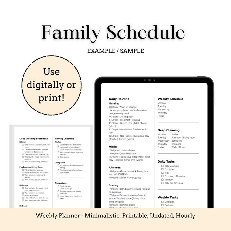 Family Schedule-minimalistic, Printable, Cleaning, Undated, Hourly ...