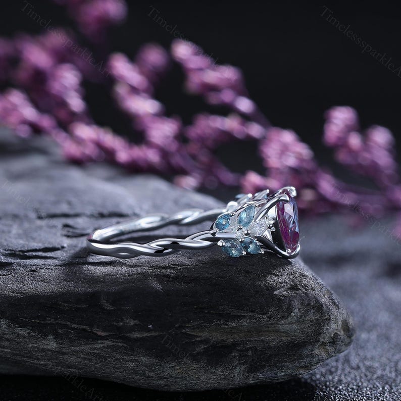 Unique Heart Shaped Amethyst Engagement Ring Leaf Cluster Wedding Ring ...