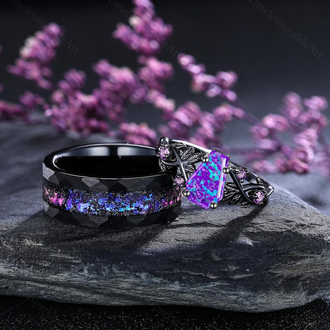 Galaxy Purple Opal Wedding Ring Set Purple Opal Engagement Ring Nature ...