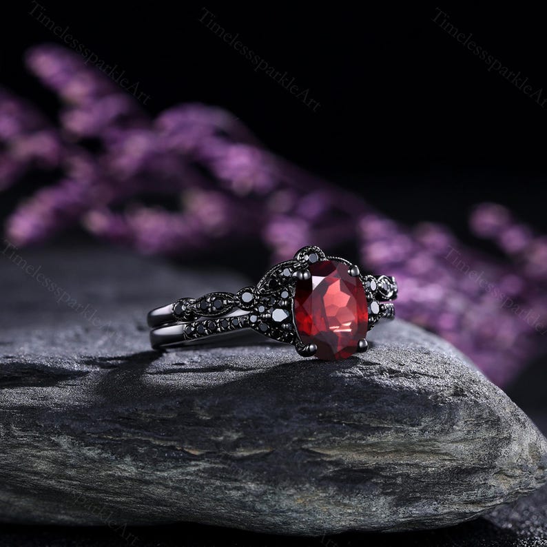 Gothic Black Gold Garnet Couple Rings Set Couples Promise Ring His and ...