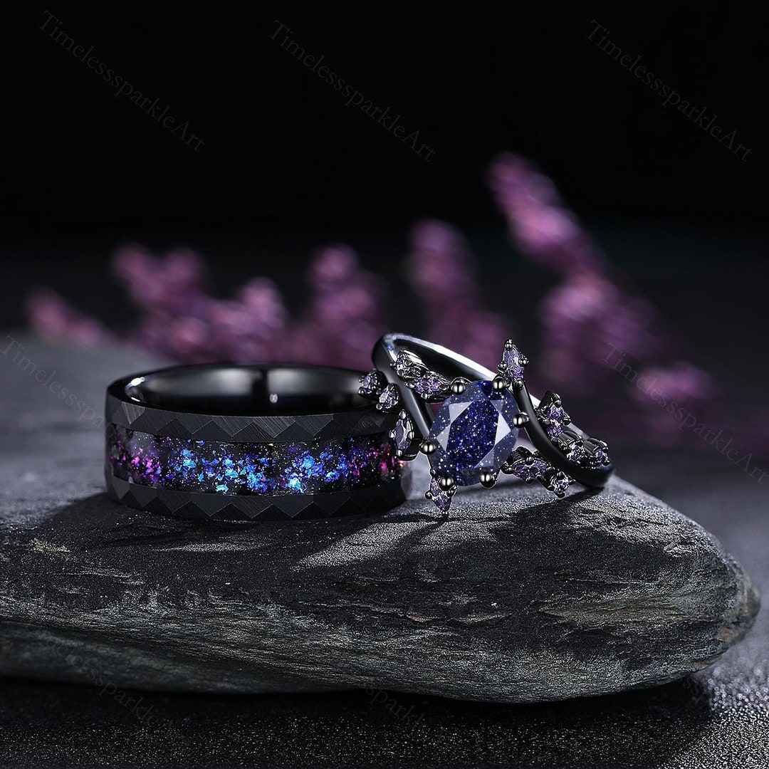 Blue Sandstone Matching Rings His and Hers Wedding Ring Set Galaxy ...