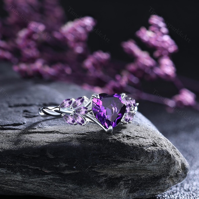 Unique Heart Shaped Amethyst Engagement Ring Leaf Cluster Wedding Ring ...