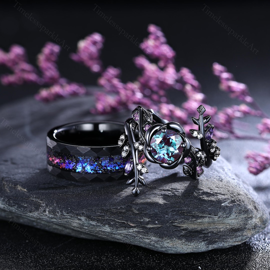 Galaxy Alexandrite Couple Rings Set 3pc Balck Gold Twig Leaf Engagement ...