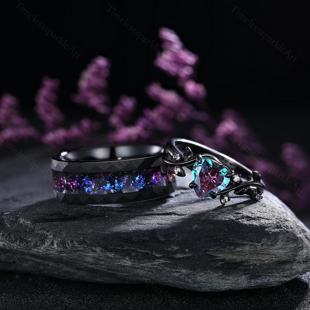 Heart Alexandrite Couples Rings His and Hers Wedding Band Space Galaxy ...