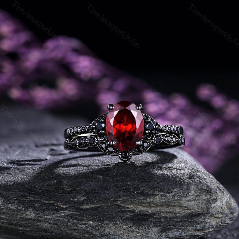 Gothic Black Gold Garnet Couple Rings Set Couples Promise Ring His and ...