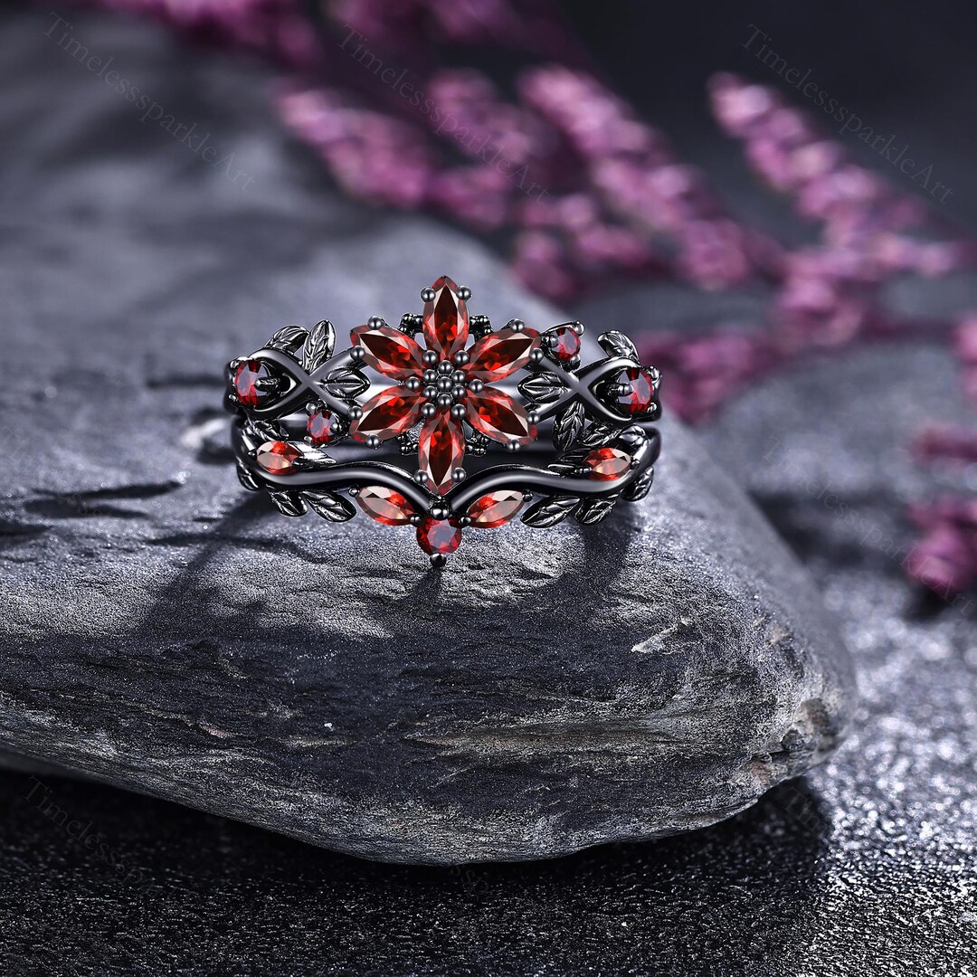 Natural Red Garnet Engagement Ring Set Leaf Floral Promise Bridal Ring ...
