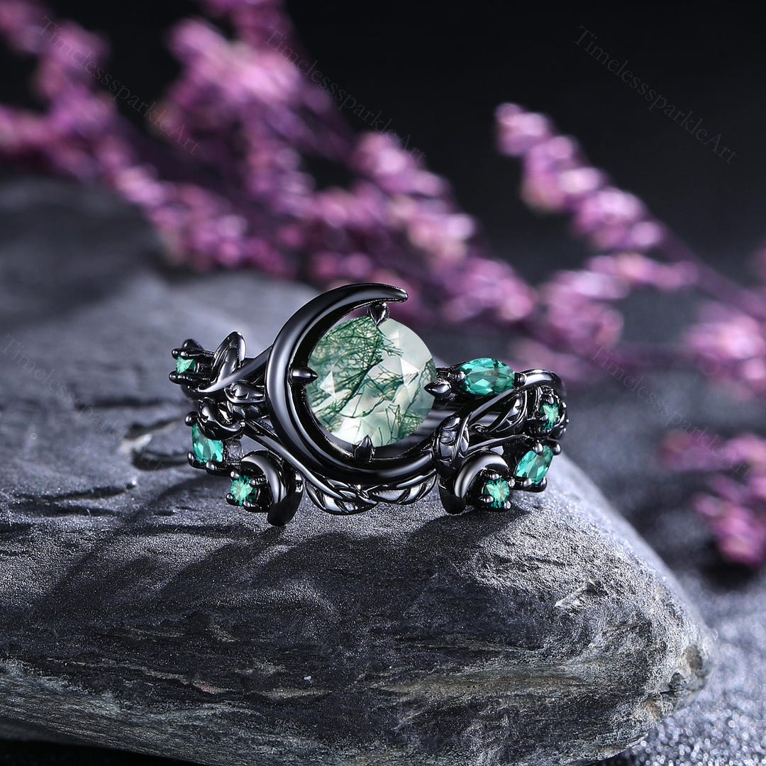 Moon Moss Agate & Emerald Wedding Ring Set Gothic Black Gold Leaf ...