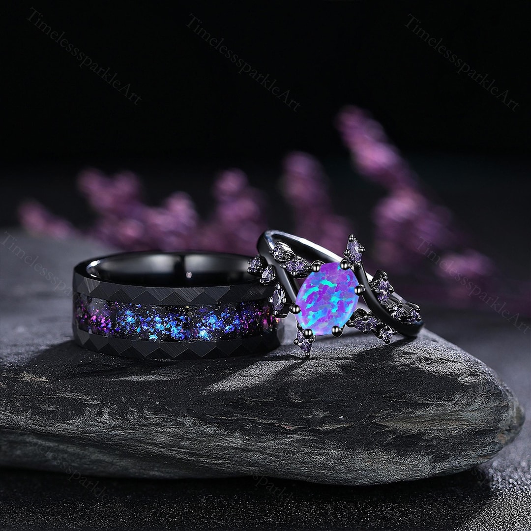 Lavender Opal Couple Rings Black Gold His and Hers Wedding Band Nature Inspired Couple Ring Set ...