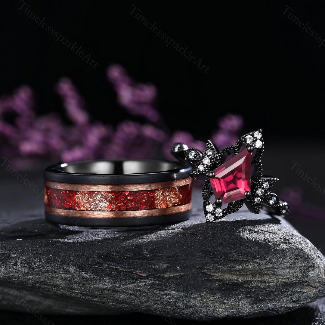 Retro Kite Cut Ruby Couples Ring Silver and Tungsten His and Hers ...