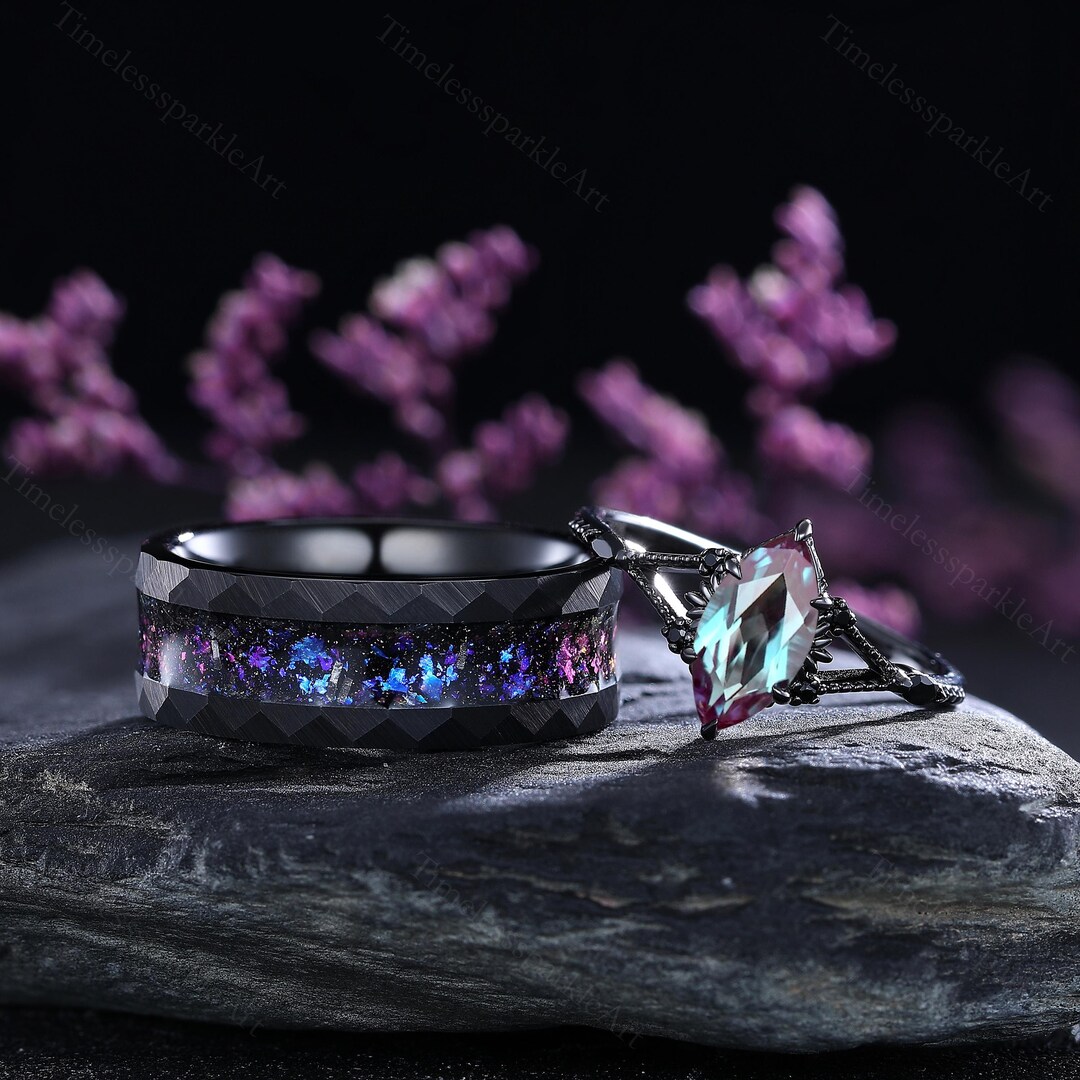 Vintage Blue Alexandrite Couple Rings Matching Ring Set Black Gold His ...