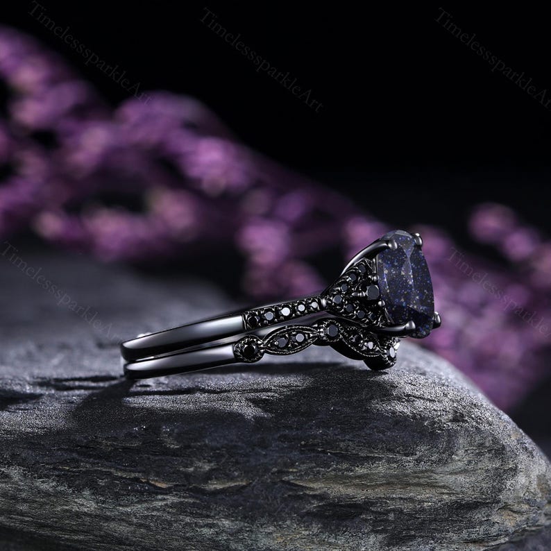 Vintage Blue Sandstone Couple Rings Gothic Black Rings Handmade Wedding ...