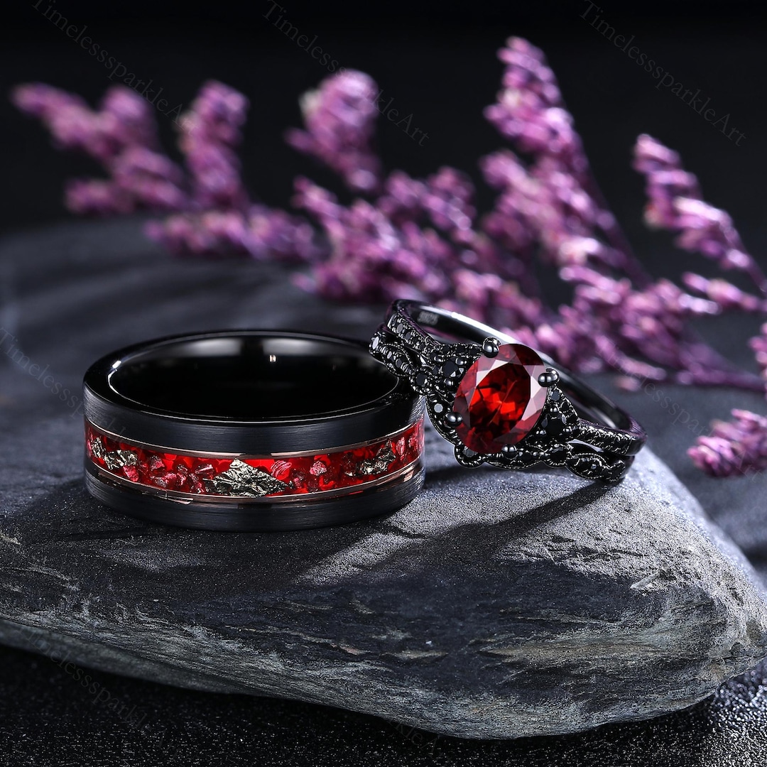 Gothic Black Gold Garnet Couple Rings Set Couples Promise Ring His and ...
