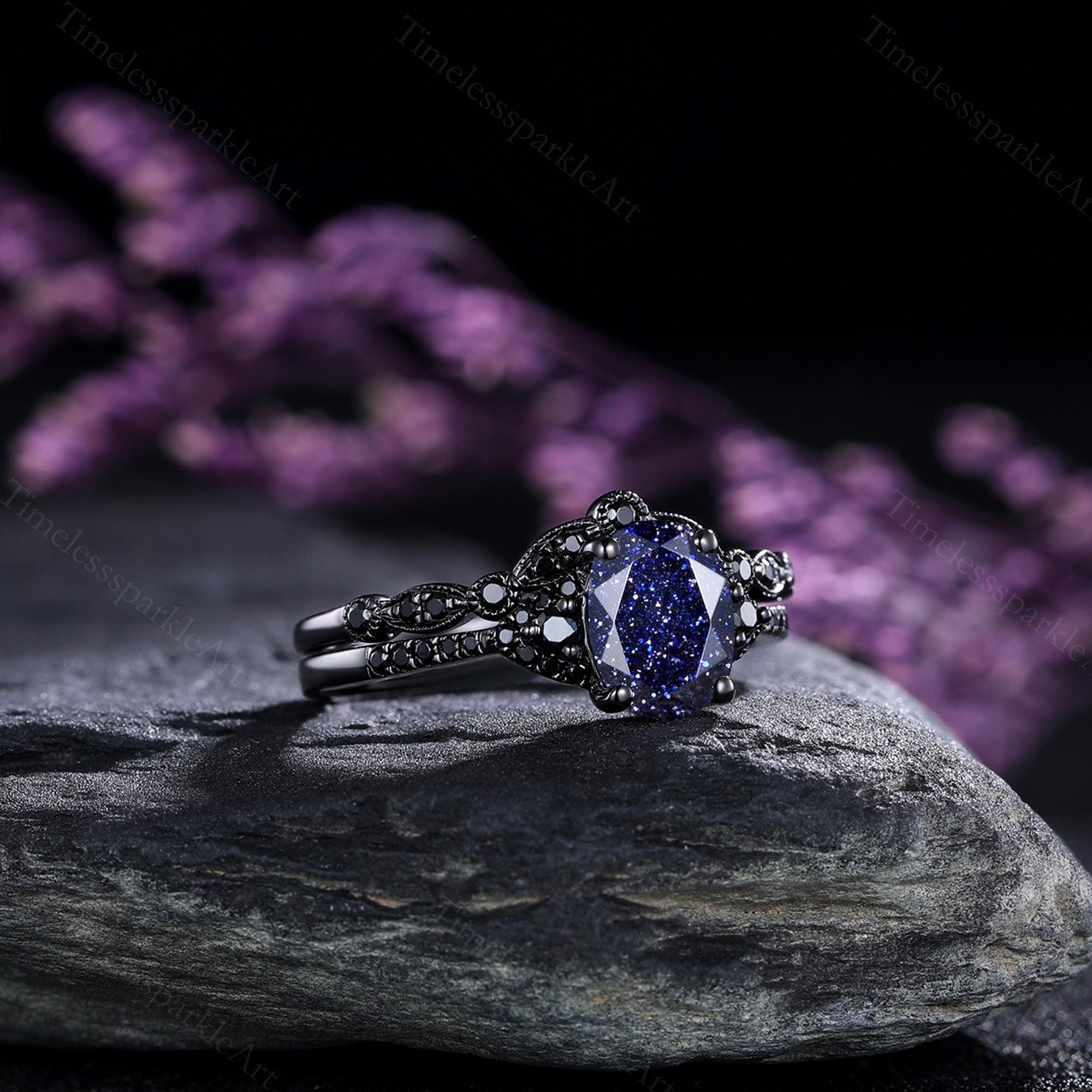 Vintage Blue Sandstone Couple Rings Gothic Black Rings Handmade Wedding ...