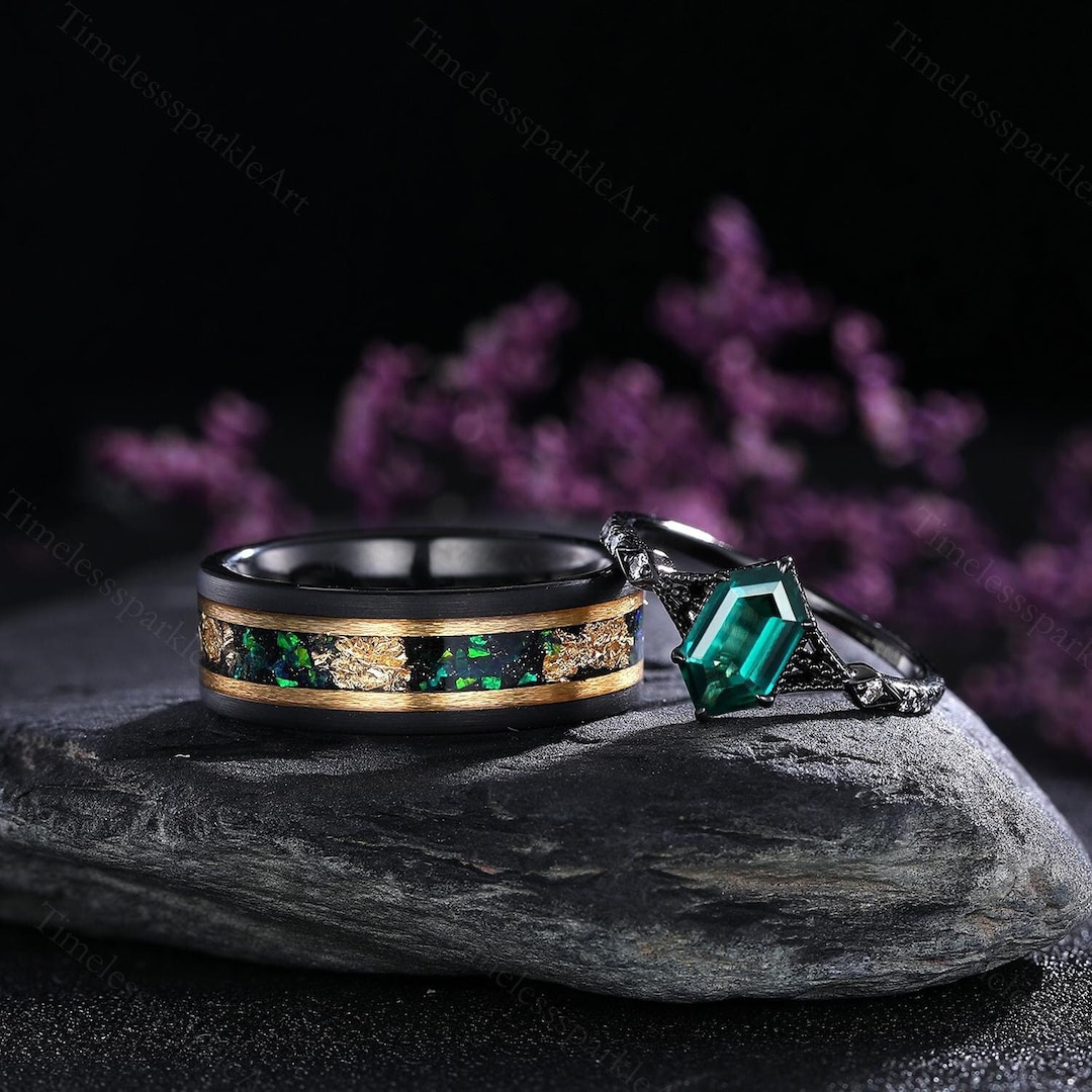 Vintage Hexagon Emerald Couple Ring Set Emerald Silver Rings Mens Meteorite Tungsten Ring His ...
