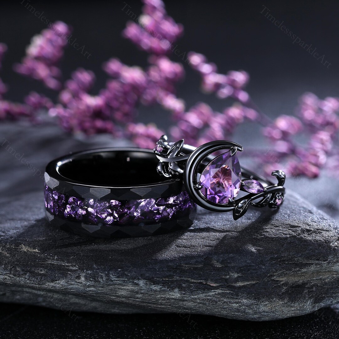 Gothic Amethyst Couple Rings Set Moon & Leaf Silver Ring for Her ...