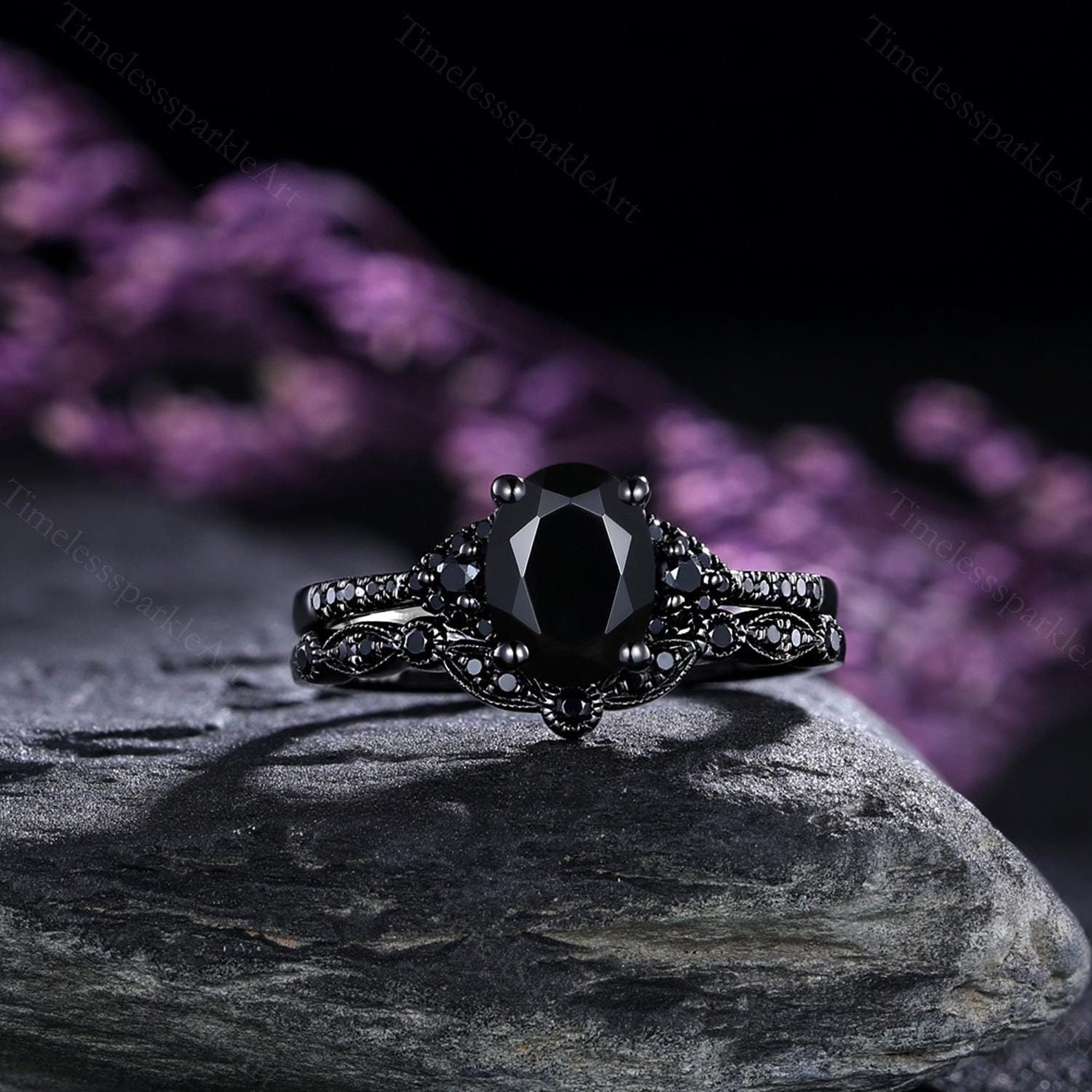 Vintage Oval Cut Black Onyx Engagement Ring Gothic Black Gold Ring ...
