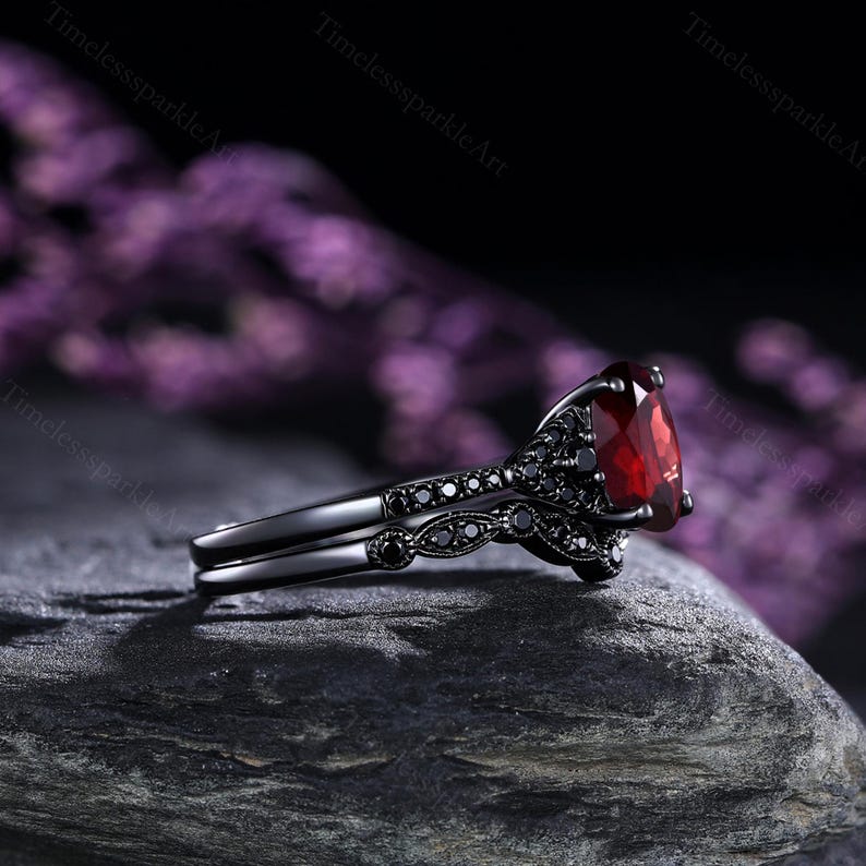 Gothic Black Gold Garnet Couple Rings Set Couples Promise Ring His and ...