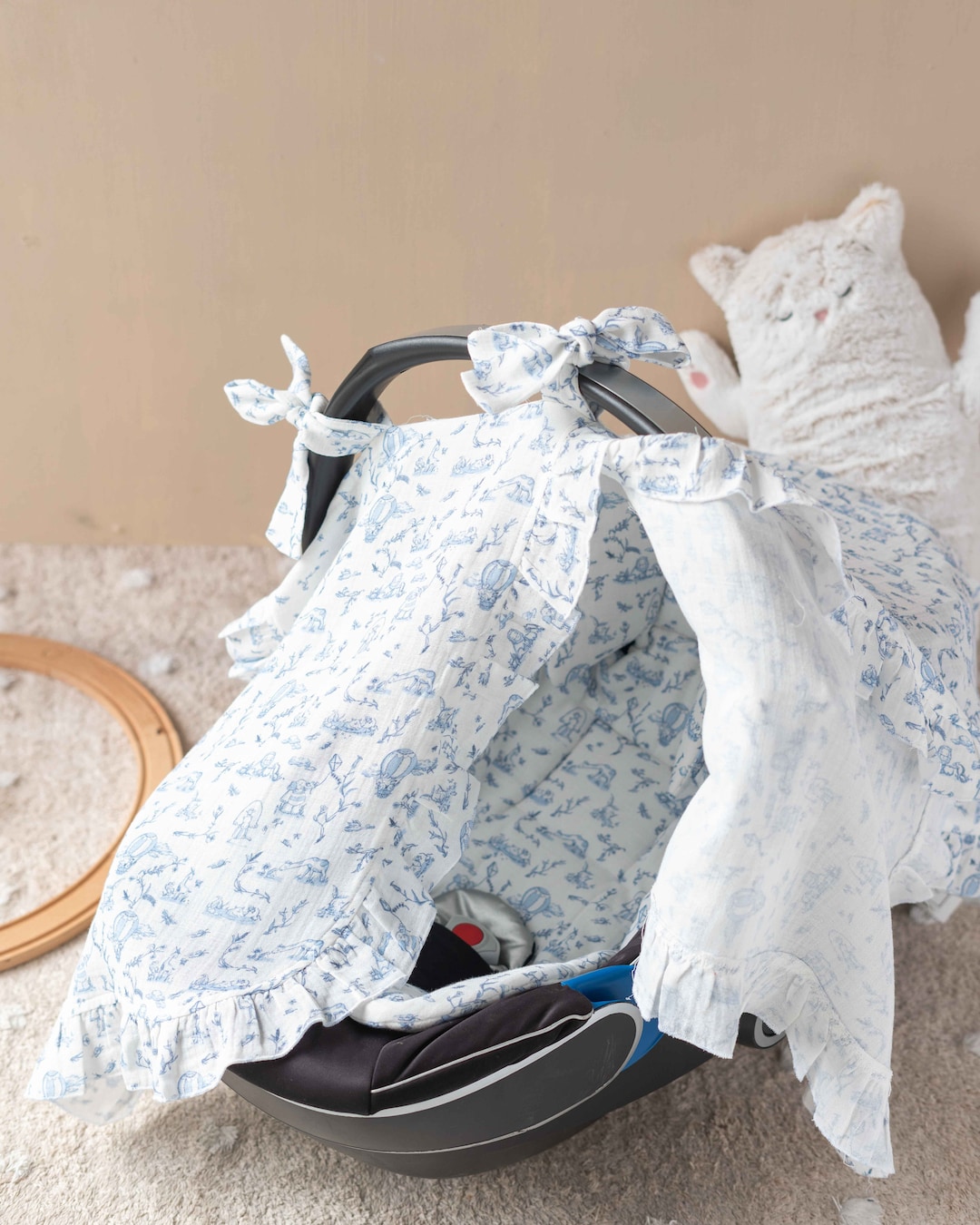 Blue Toile De Jouy Car Seat Canopy & Cushion | Baby Boy Gift | Stroller ...
