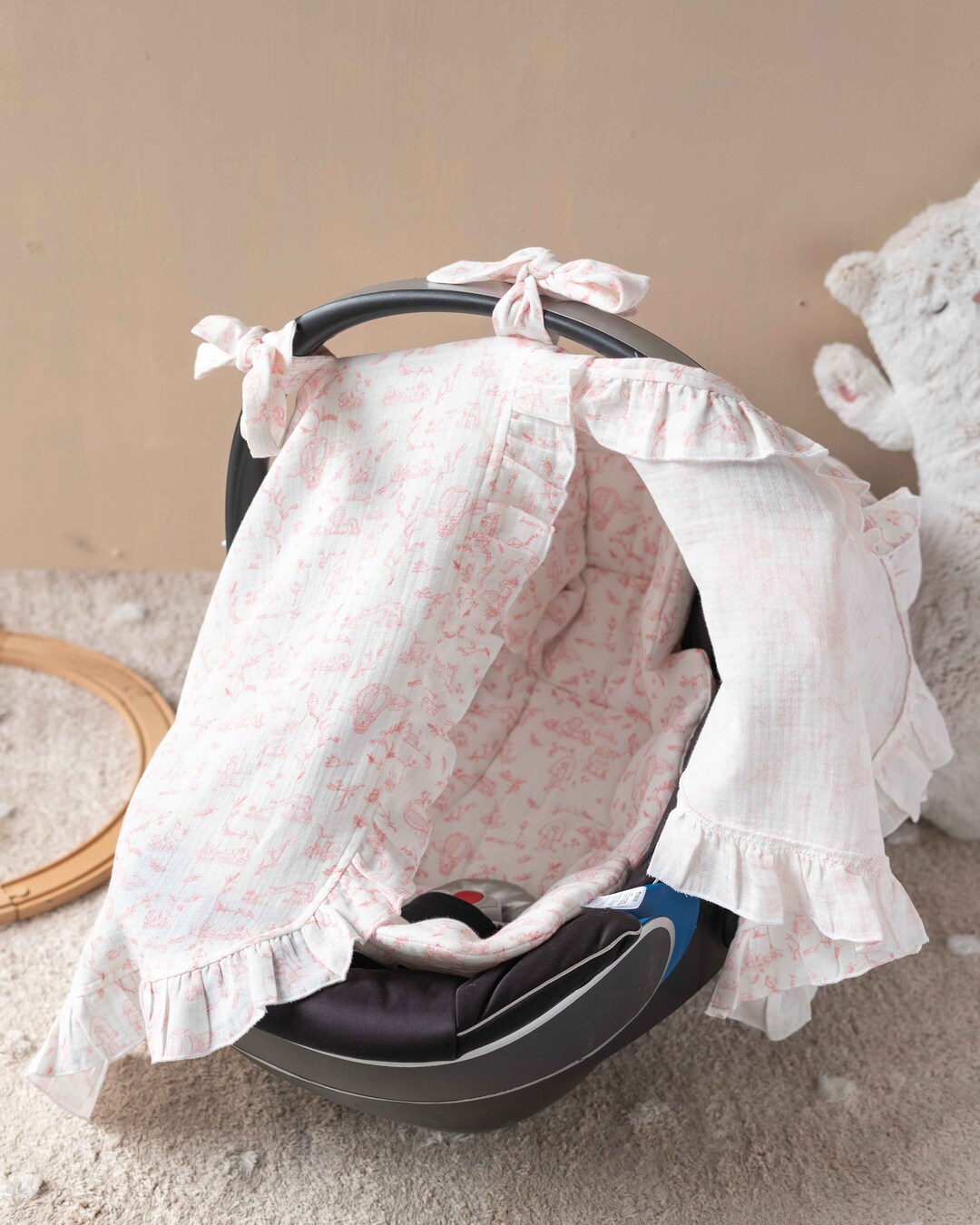 Pink Toile De Jouy Baby Car Seat Canopy Cover and Cushion Set, Baby Car ...
