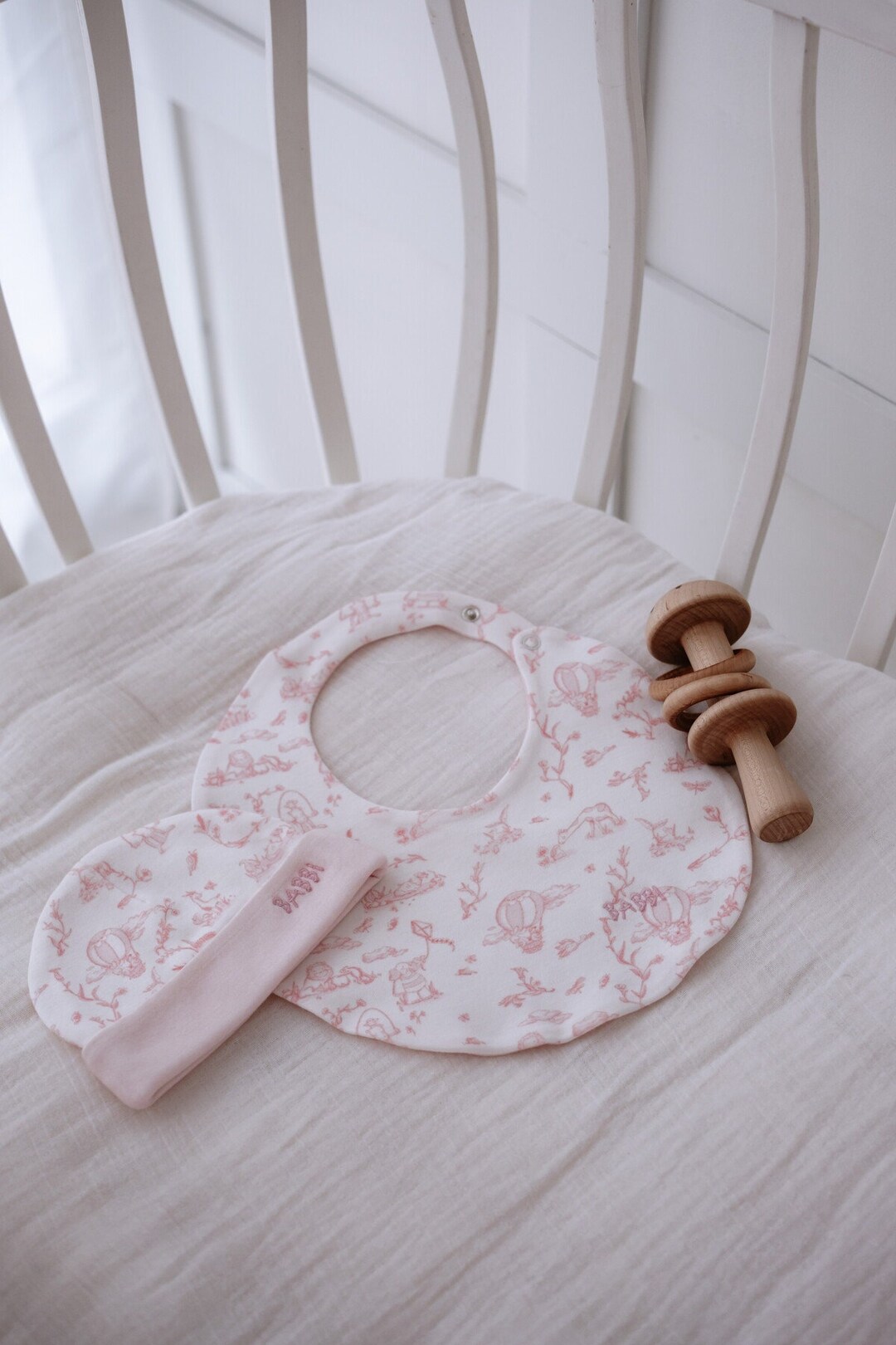 Toile De Jouy Pink Bib and Hat Set, Cotton Bib, Cotton Hat, Burp Cloth ...