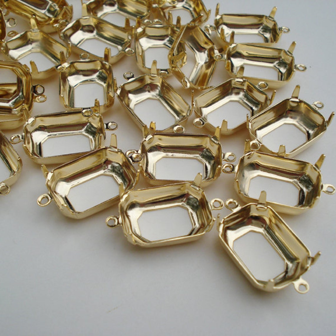 18x13mm 14K Gold Plated Brass Octagon 2 Rings Open Back Connector Prong ...