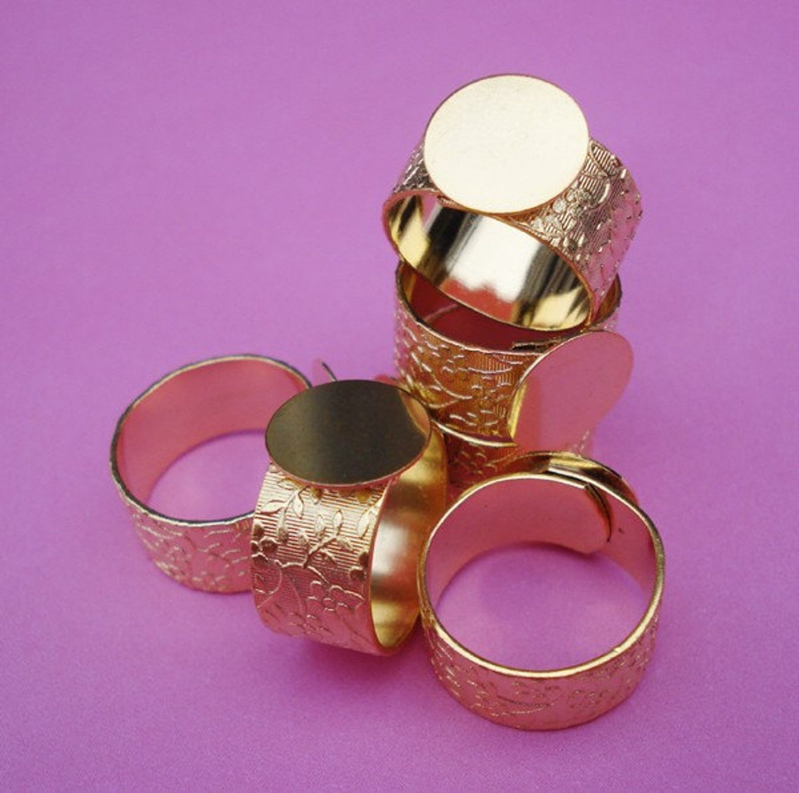 Gold Plated Adjustable Finger Ring With 10mm Floral Band and | Etsy