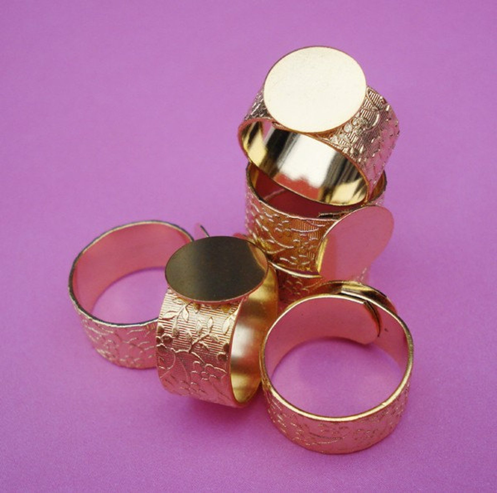 Gold Plated Adjustable Finger Ring With 10mm Floral Band and | Etsy