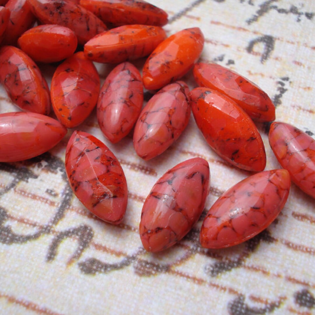 15x7mm Coral Matrix Mottled Navette Czech Vintage Smooth Top Faceted ...