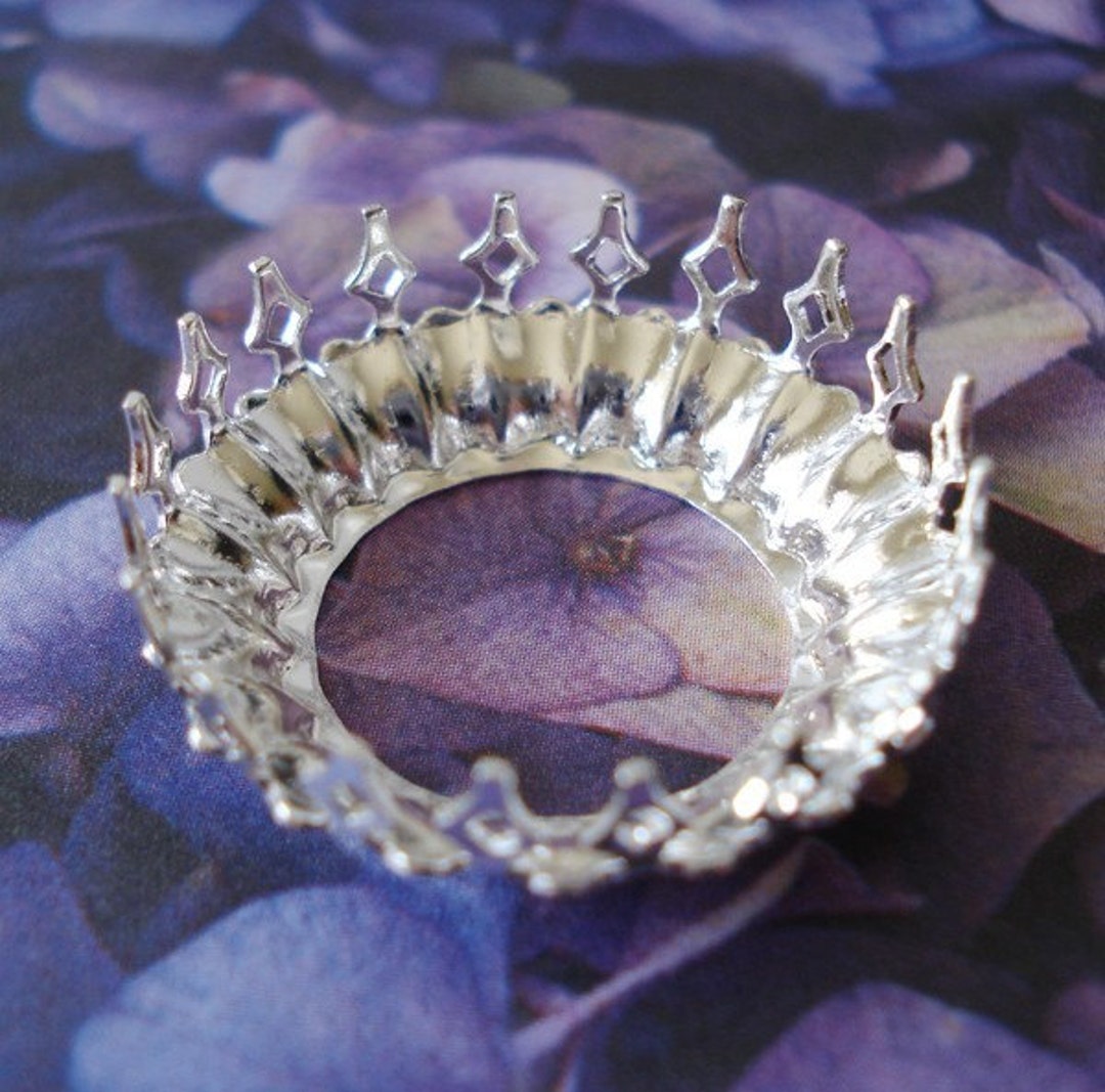 25mm Silver Plated Round Open Back Fancy Crown Edge Prong Settings for ...