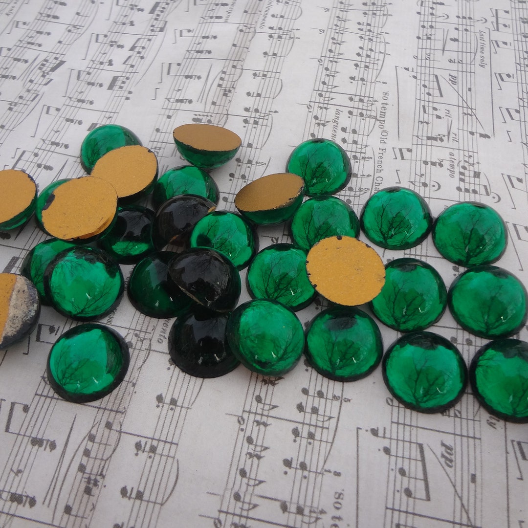 15mm Emerald Green Gold Foiled Flat Back Round Vintage Glass Cabs 12PCS ...