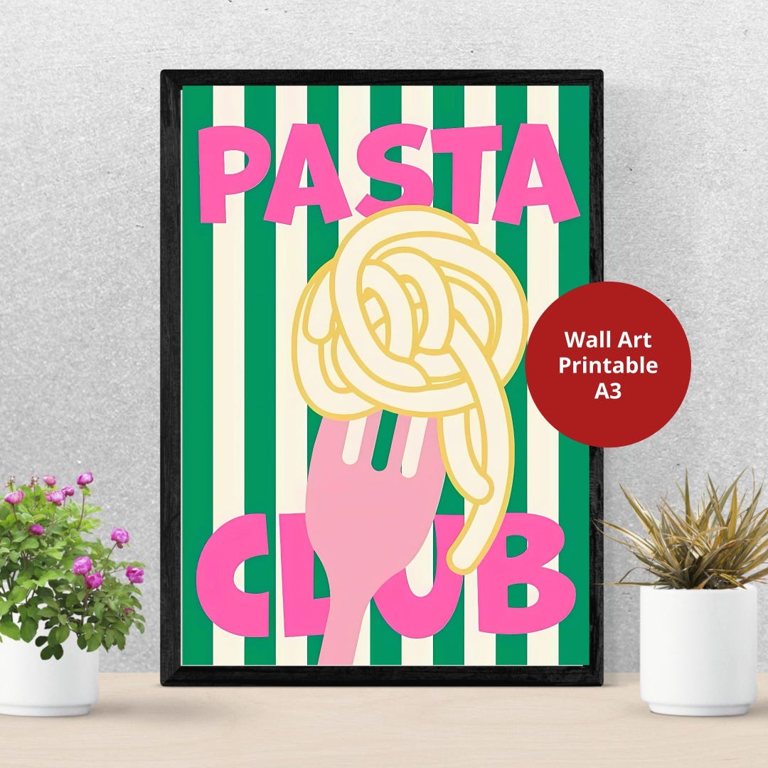 Pasta Club Print, Digital Art Download, Cute Kitchen Decor, Pasta Art ...