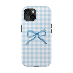 Blue Gingham & Bow Phone Case, Cute Girly Aesthetic, iPhone 16 15 14 13 ...