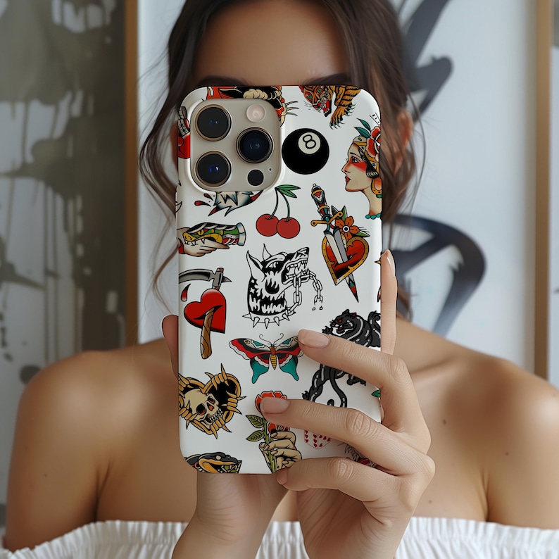 Traditional Tattoo Phone Case, Old School Vintage Collage Trendy iPhone ...