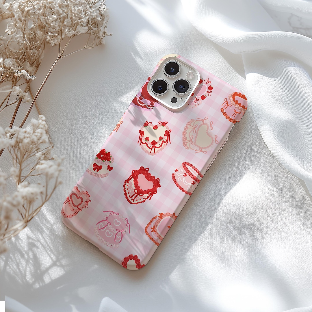 Cake Phone Case, Hearts, Valentines, Pink Red Gingham Girly, Trendy ...