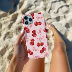 Cherry Phone Case, Pink Girly Phone Cover, Cherries With Bows, iPhone ...