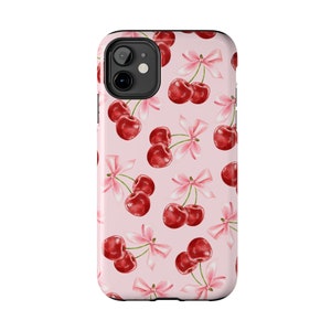 Cherry Phone Case, Pink Girly Phone Cover, Cherries With Bows, iPhone ...