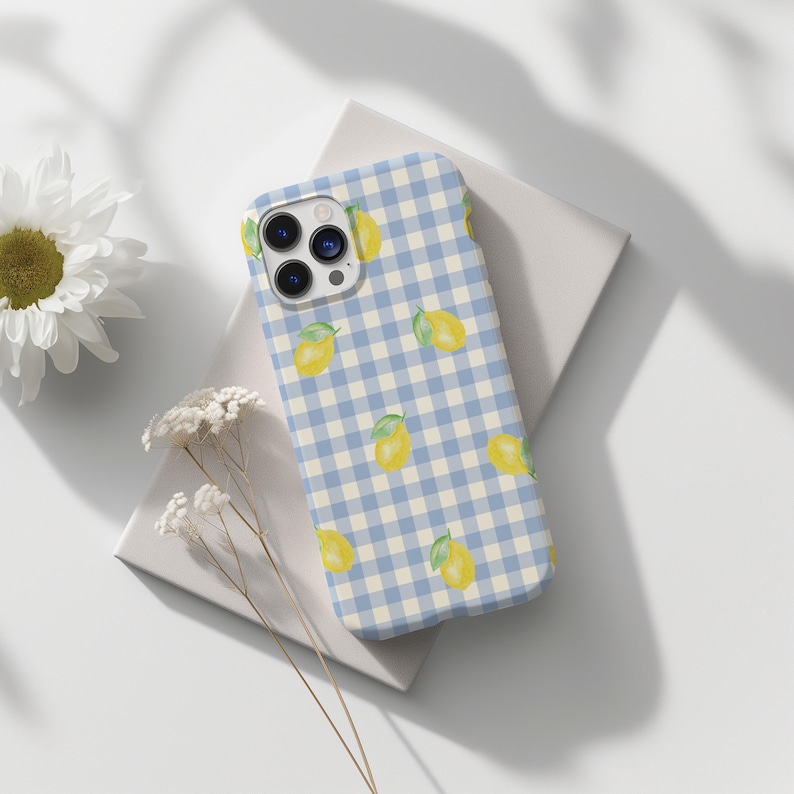 Lemon & Blue Gingham Phone Case, Cute Girly Aesthetic, iPhone 16 15 14 ...